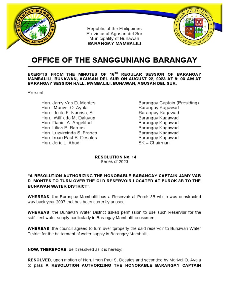 Resolution No. 14-Bunawan Water District Reservoir | PDF | Philippines