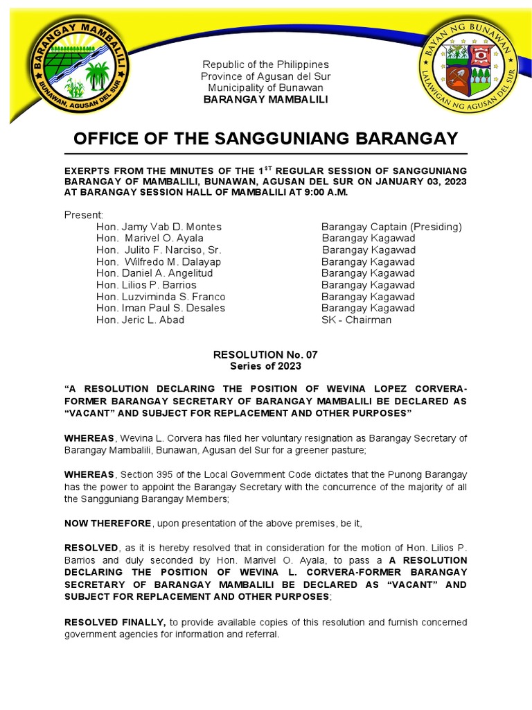 Resolution Declaring Barangay Secretary Vacancy | PDF | Philippines