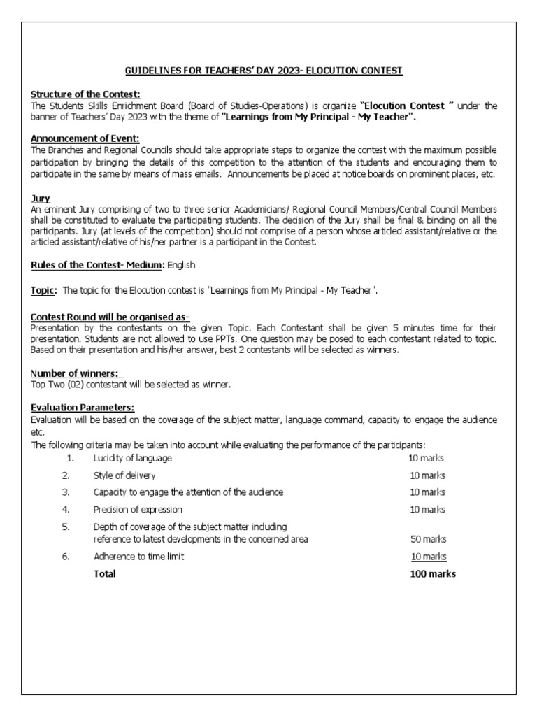 Guidelines For Elocution Contest at Teachers Day by Branches | PDF