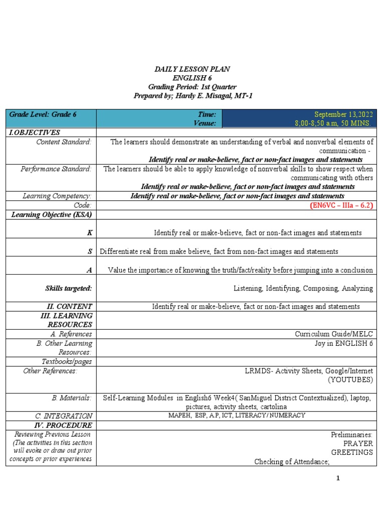 English 6 Cot1 Identifying Real or Make Belief | PDF | Learning | Reality