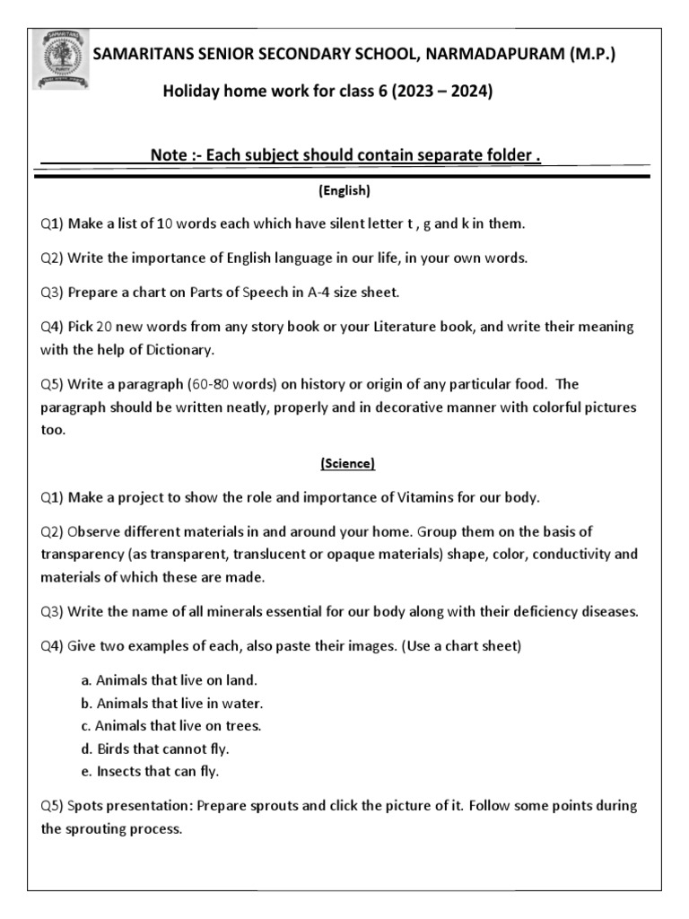 Holiday Homework Class 6 2023 - 2024 | PDF