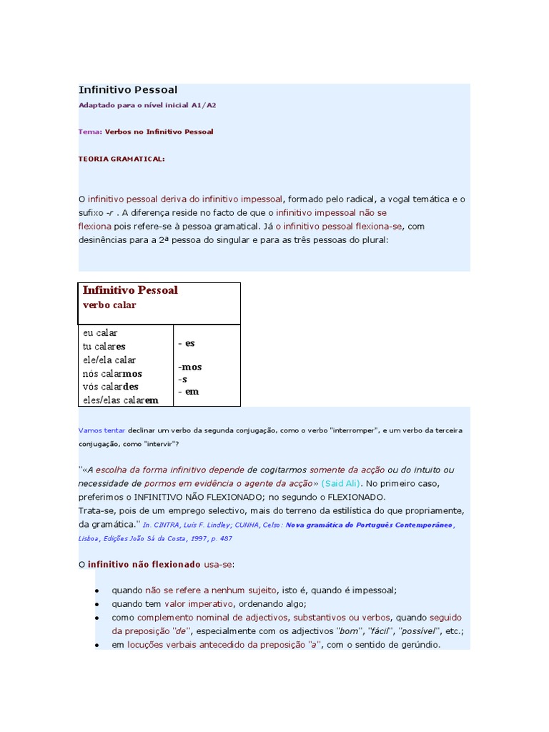 Infinitivo Pessoal | PDF | Assunto (gramática) | Mecânica da linguagem