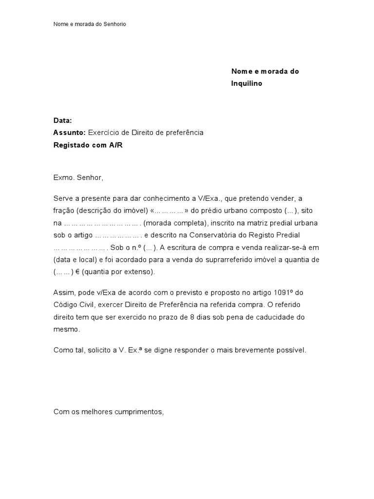 Carta A Enviar Pelo Senhorio Ao Inquilino para Exercício Do Direito de ...