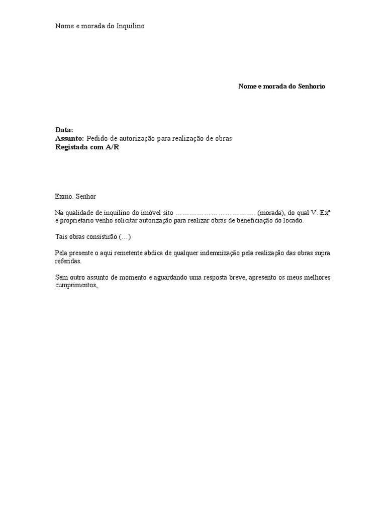 Carta A Pedir Autorização Ao Senhorio para Realização de Obras | PDF