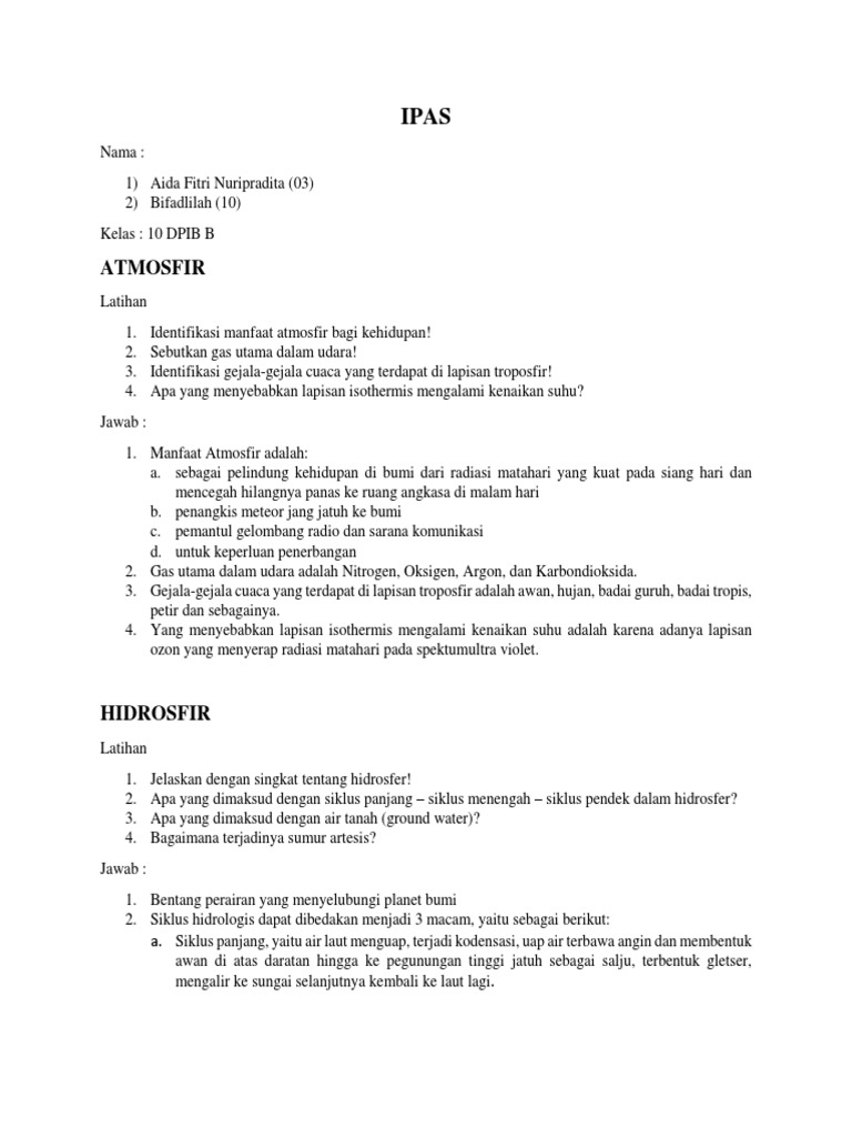 IPAS Latihan Soal Atmosfir Dan Hidrosfir | PDF