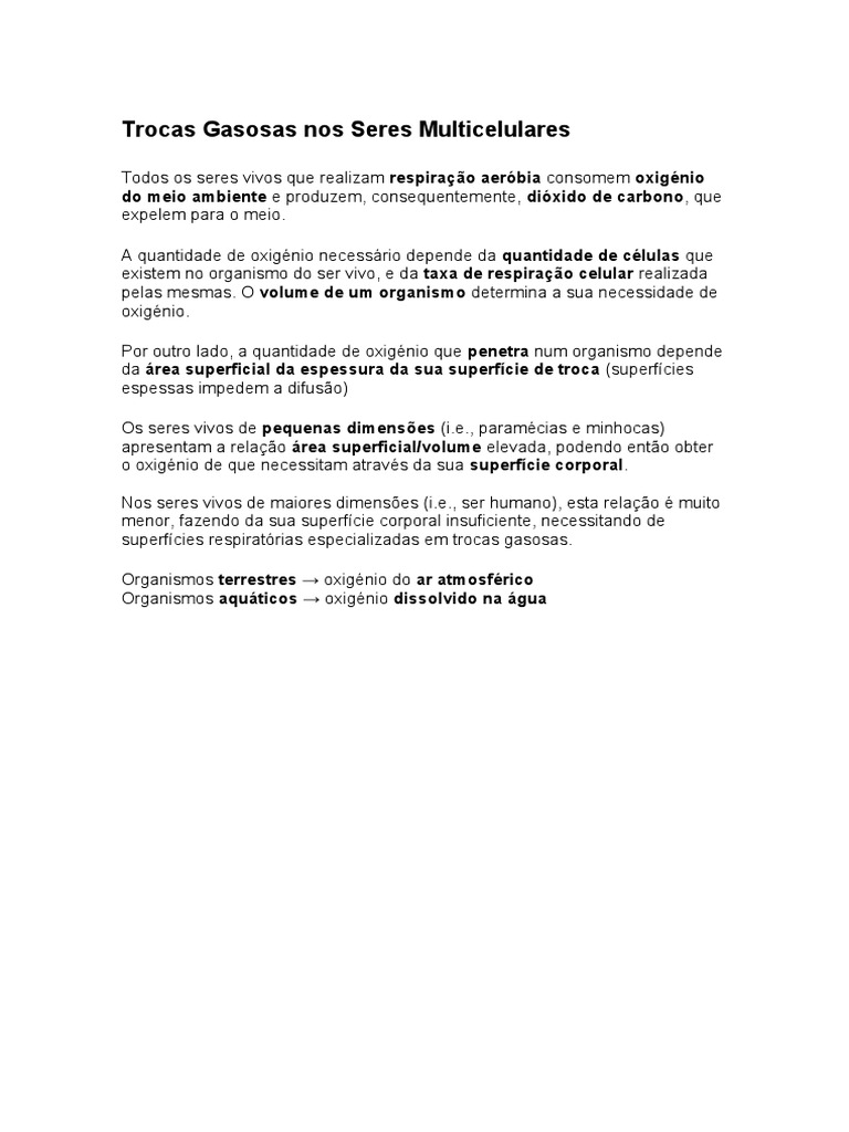 Trocas Gasosas em Seres Multicelulares | PDF | Respiração | Brânquia
