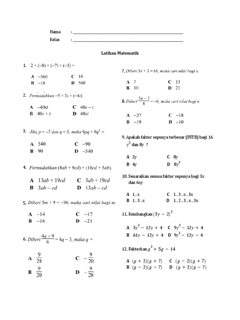 Latihan Matematik Tingkatan 2 | PDF