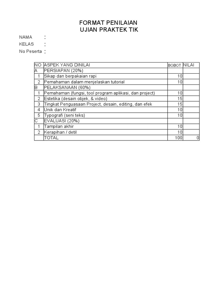 FORMAT PENILAIAN UJIAN Praktik SMP | PDF