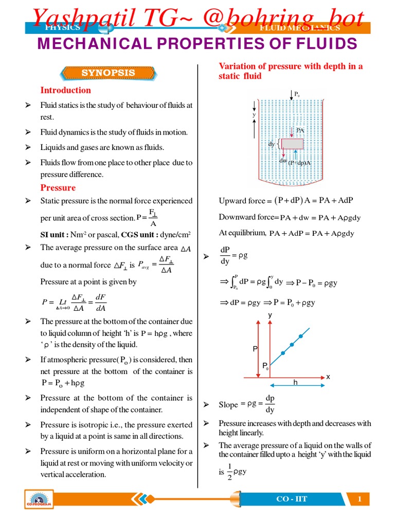 01 Fluid Mechanics Synopsis - (01-20) | PDF | Pressure | Buoyancy