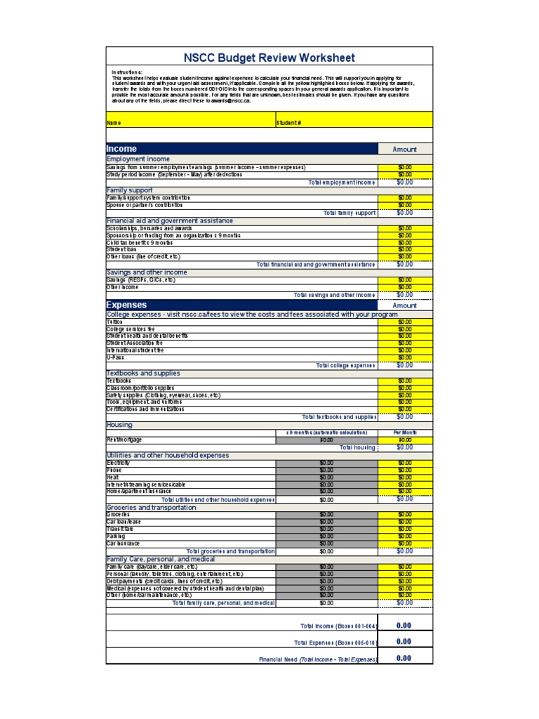NSCC Student Budget Review Worksheet | PDF | Student Financial Aid In ...