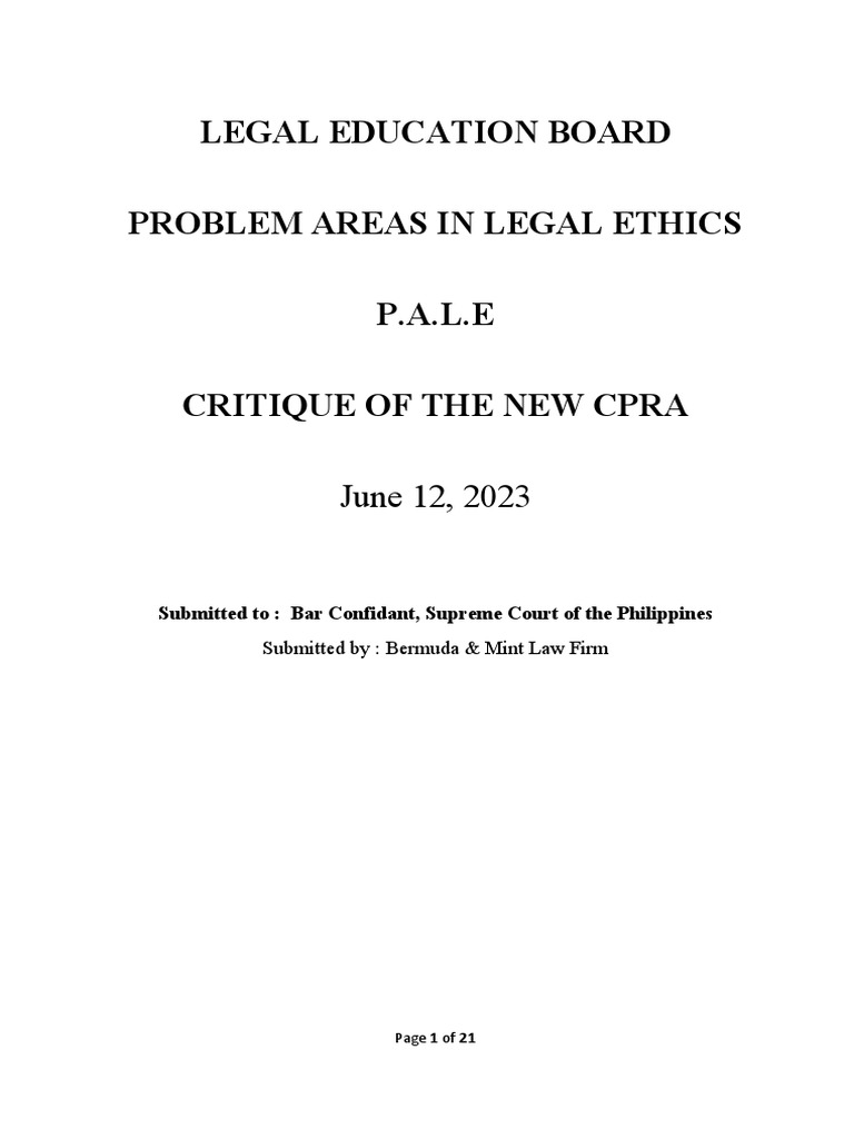CPRA CRITIQUE-Problem Areas in Legal Ethics | PDF | Lawyer | Marriage CPRA CRITIQUE-Problem Areas in Legal Ethics | PDF | Lawyer | Marriage