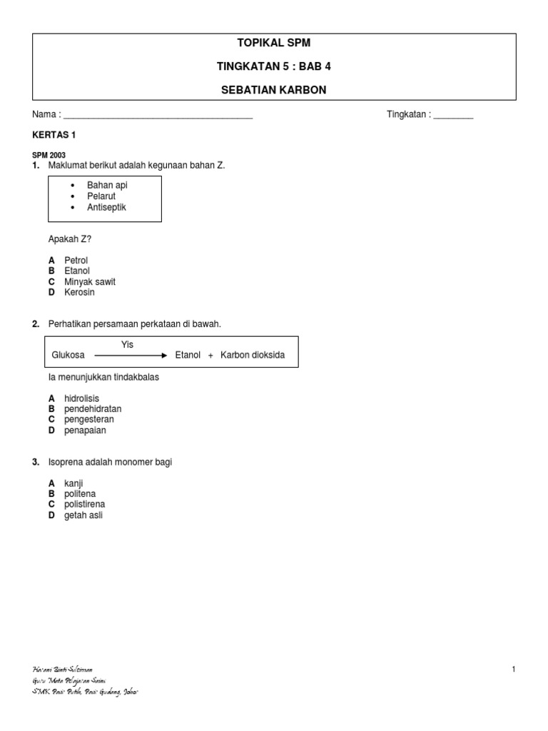 Soalan Sains Topikal SPM Bab 5 Tingkatan 5 | PDF