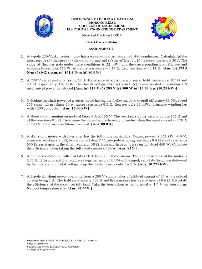 Electrical Machines 1: DC Motor Calculations | PDF | Electric Motor ...