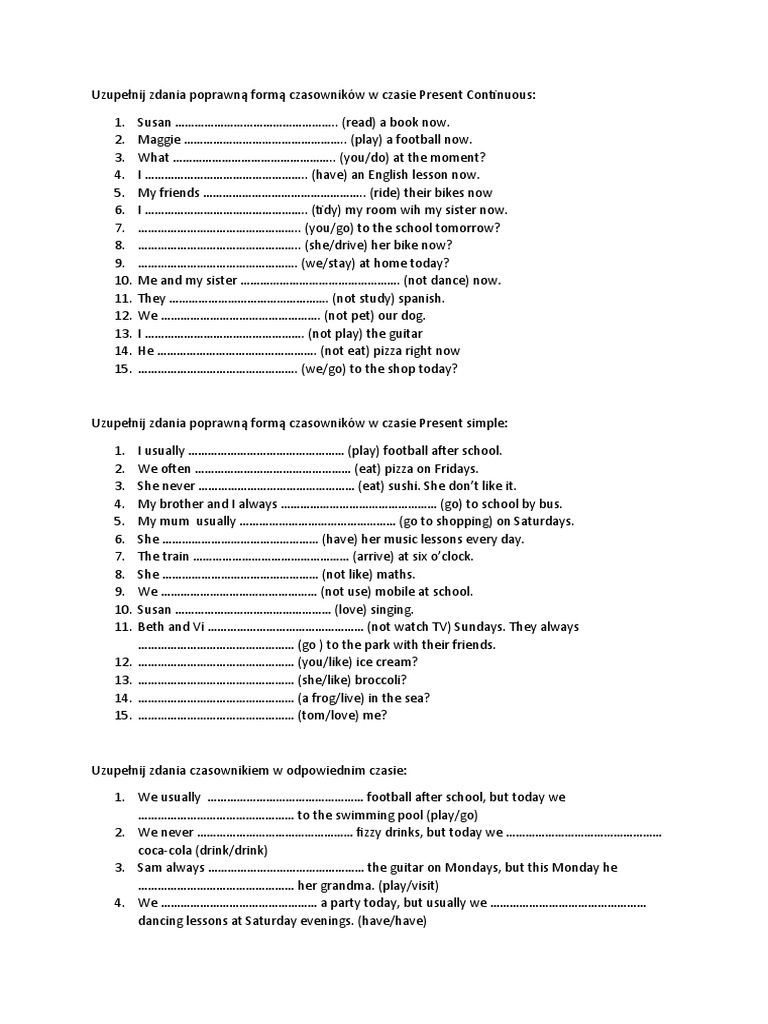 Zadania Present Simple + Continuous | PDF Zadania Present Simple + Continuous | PDF