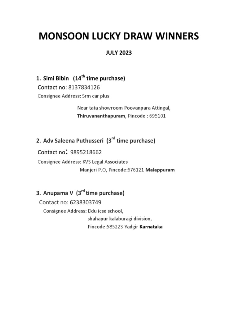 Monsoon Lucky Draw Winners July 2023 | PDF Monsoon Lucky Draw Winners July 2023 | PDF