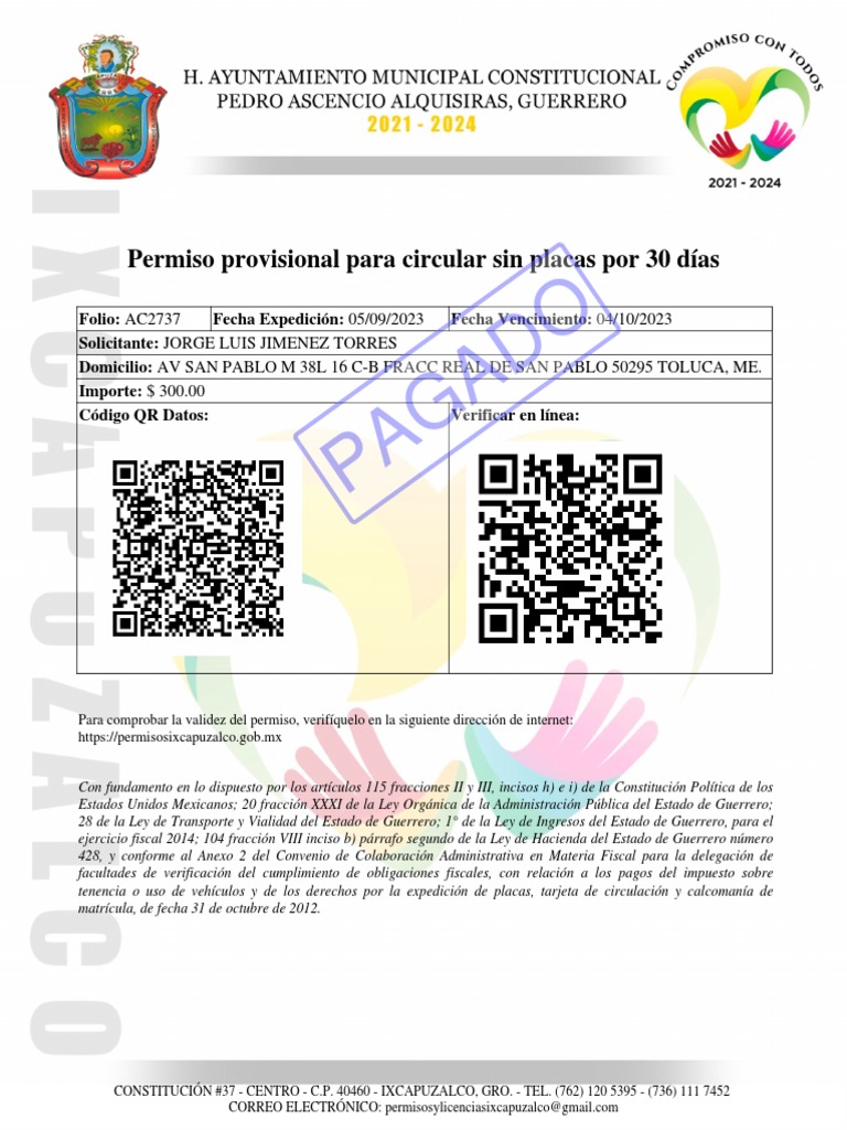 Pagado: Permiso Provisional para Circular Sin Placas Por 30 Días | PDF