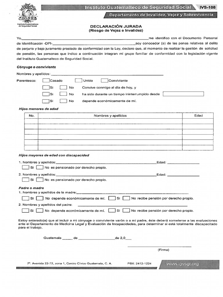Formulario IVS 108 Declaracion Jurada Riesgo de Vejez e Invalidez IGSS ...