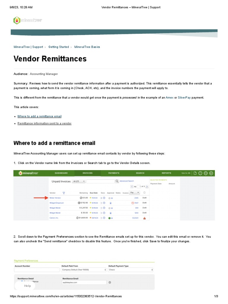Vendor Remittances - MineralTree - Support | PDF | Invoice | Internet