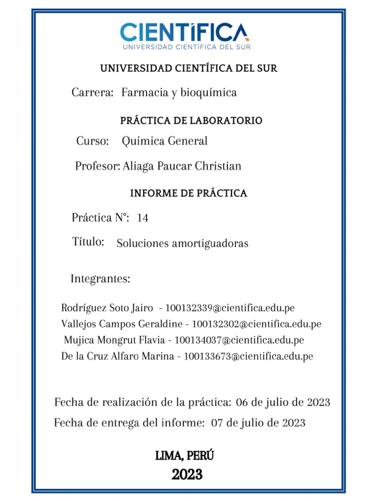 INFORME 14 QUIMICA GENERAL LABORATORIO | PDF | Ph | Solución tampón