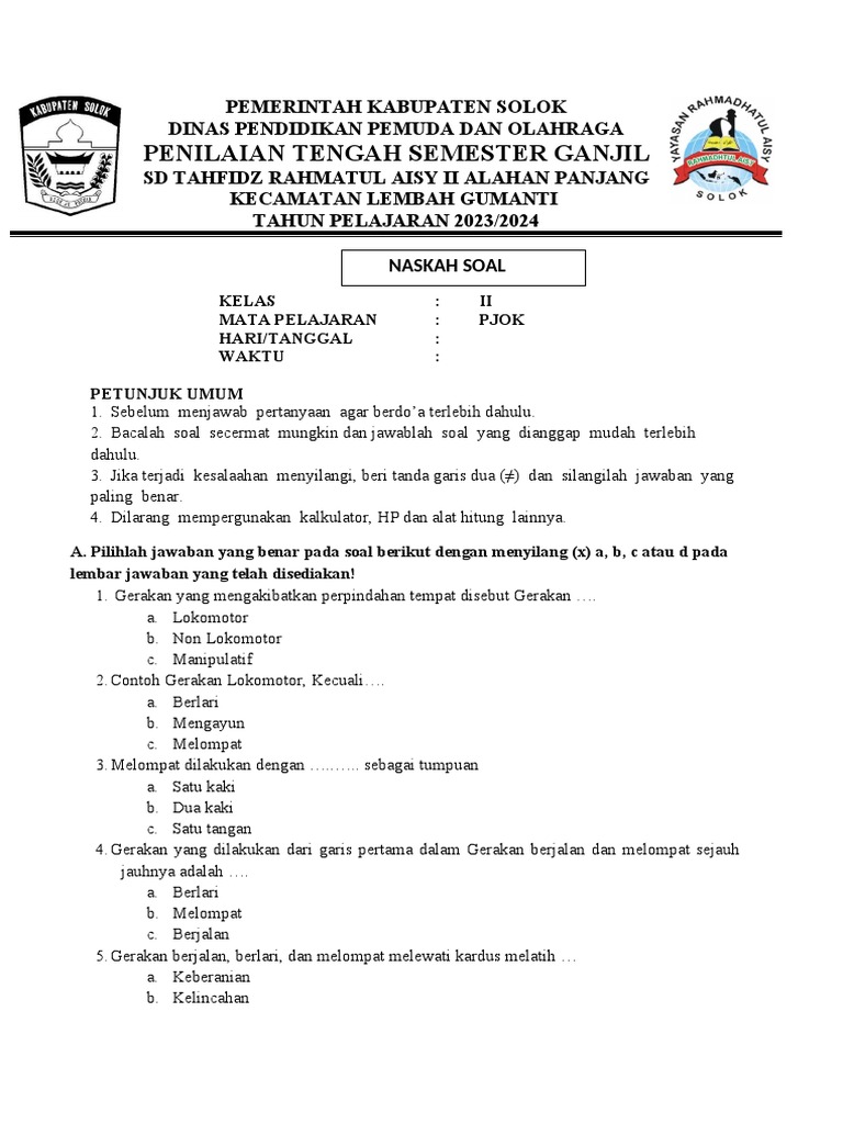 SOAL PTS PJOK Kelas 2 Sem 1 2023-2024 | PDF