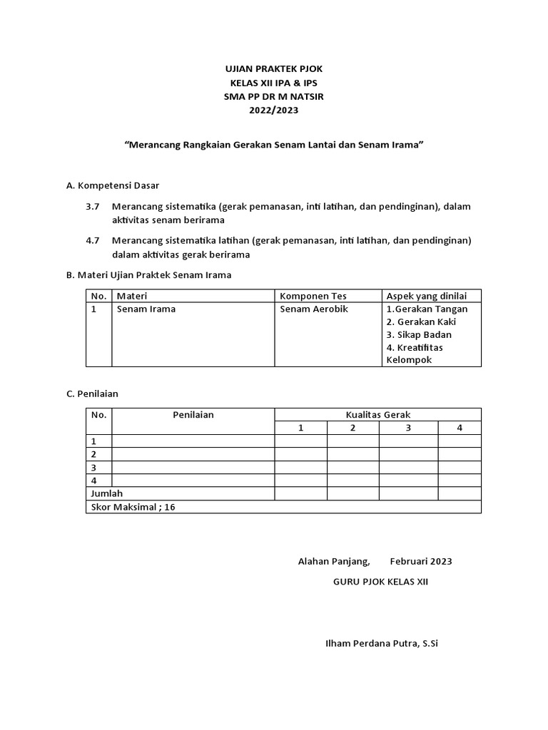 Ujian Praktek Pjok 2022-2023 | PDF