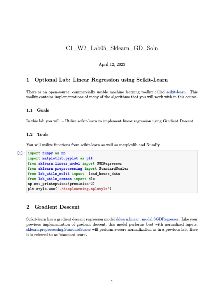 C1 W2 Lab05 Sklearn GD Soln | PDF | Standard Score | Regression Analysis