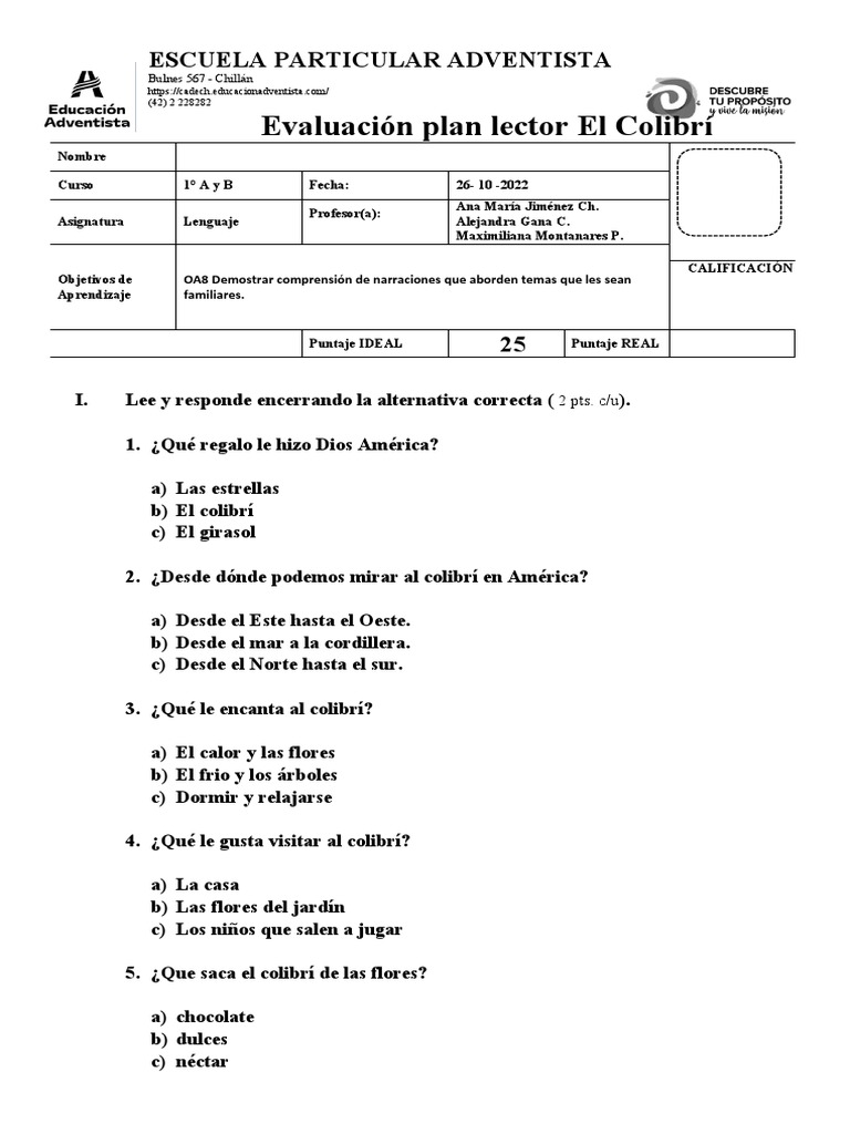 Prueba Plan Lector El Colibri 1A 1B | PDF