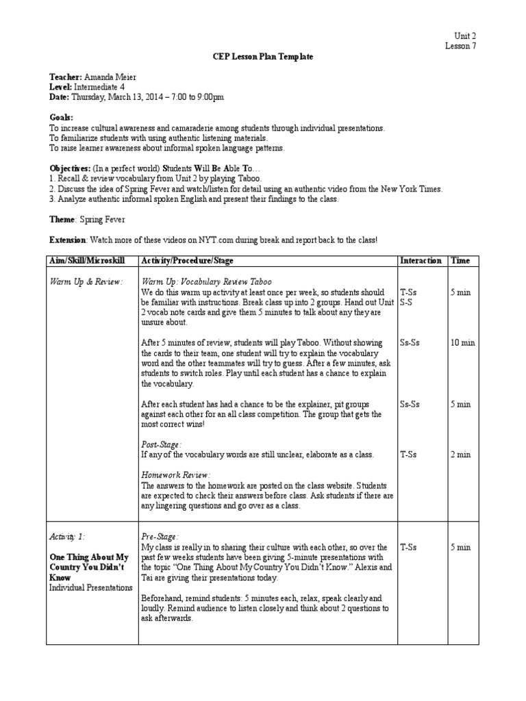 CEP Lesson Plan 1 - Amanda Meier | PDF | Vocabulary | English Language