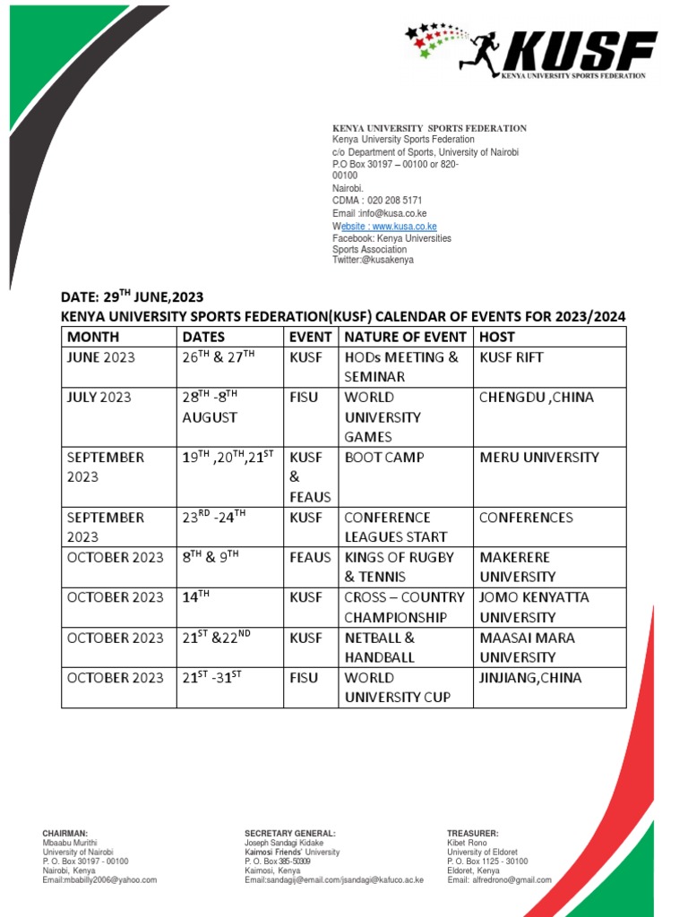 KUSF Events Calendar 2023/2024 | PDF | Kenya | Sports