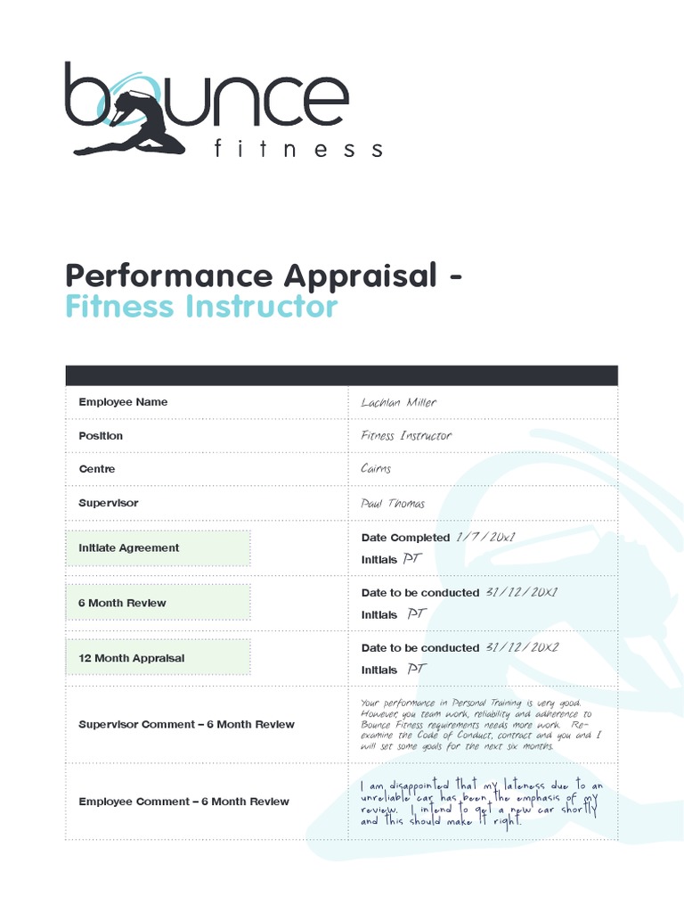 BSBHRM411 Case Study - Bounce Fitness Performance Appraisal For Lachlan ...