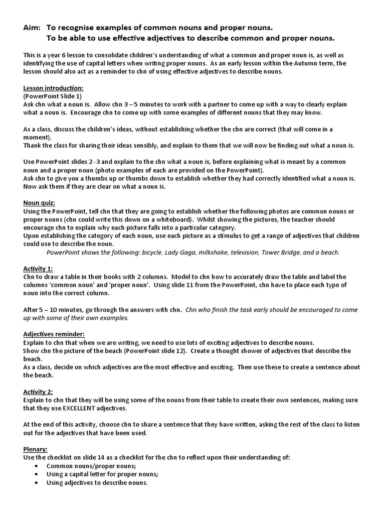 Common and Proper Nouns Lesson Plan | PDF | Noun | Adjective
