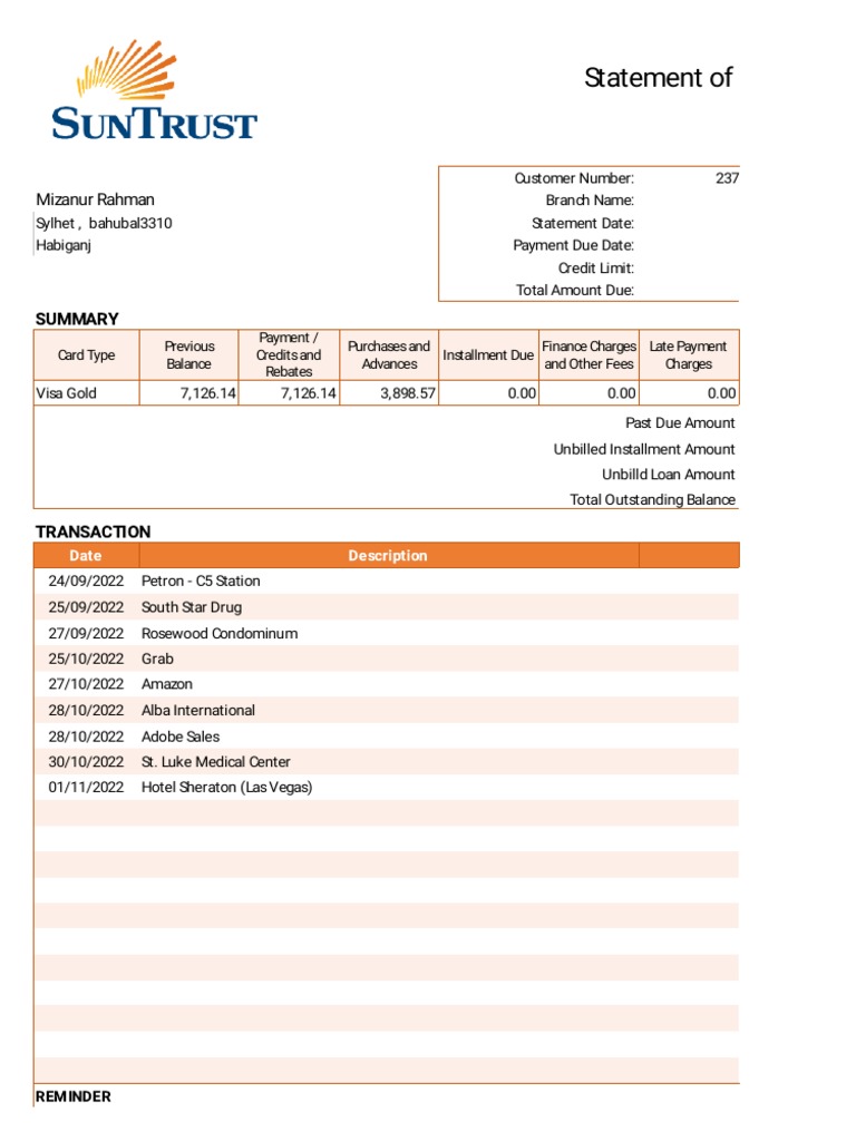 Bank Statement Template | PDF