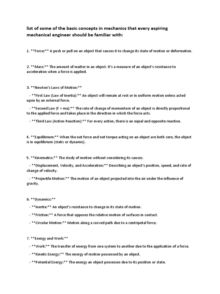 List of Some of The Basic Concepts in Mechanics That Every Aspiring ...