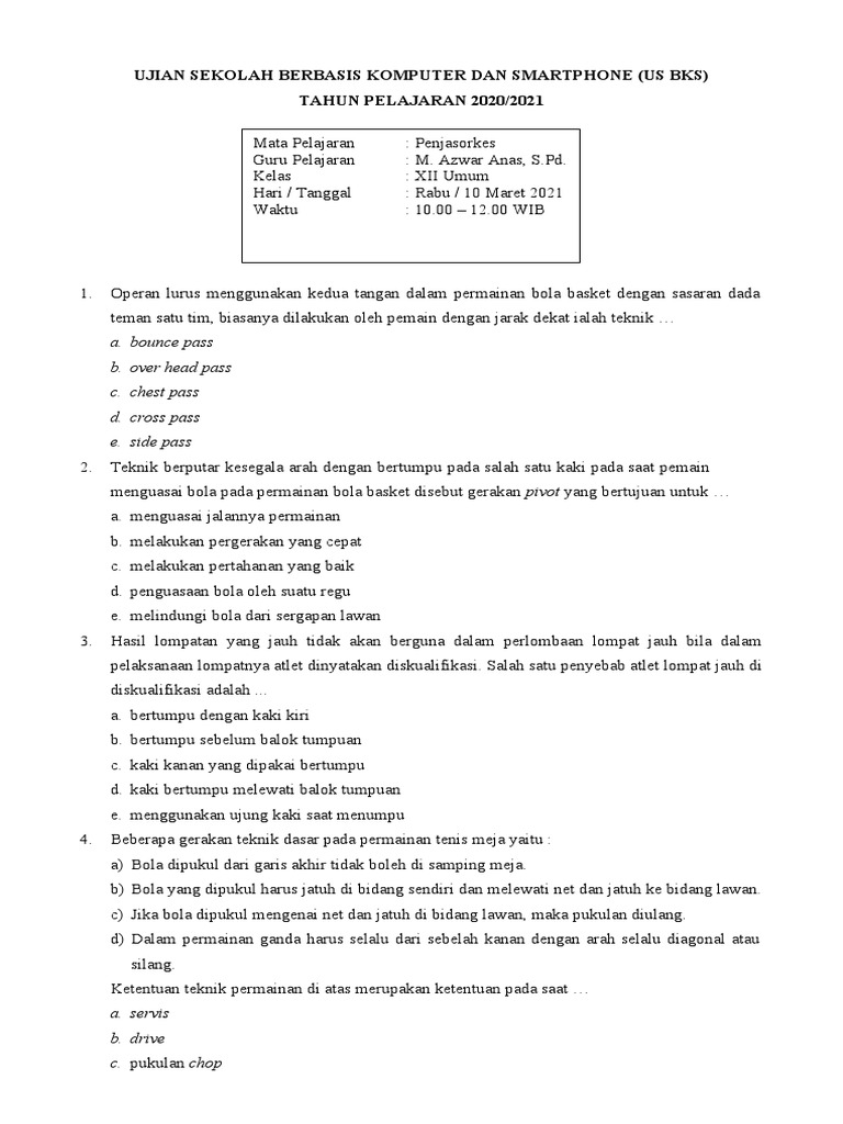 Soal USP BKS Penjas Smanita 20-21 | PDF