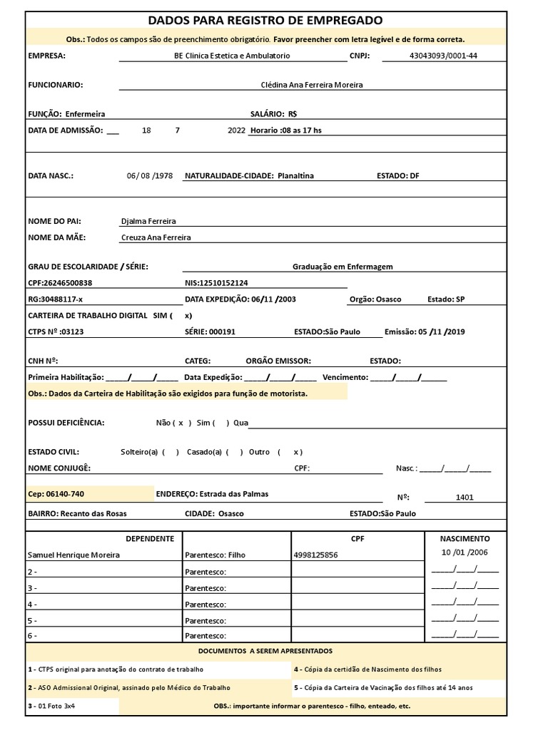 0001 - Ficha - Dados para Admissão de Funcionario PDF | PDF ...