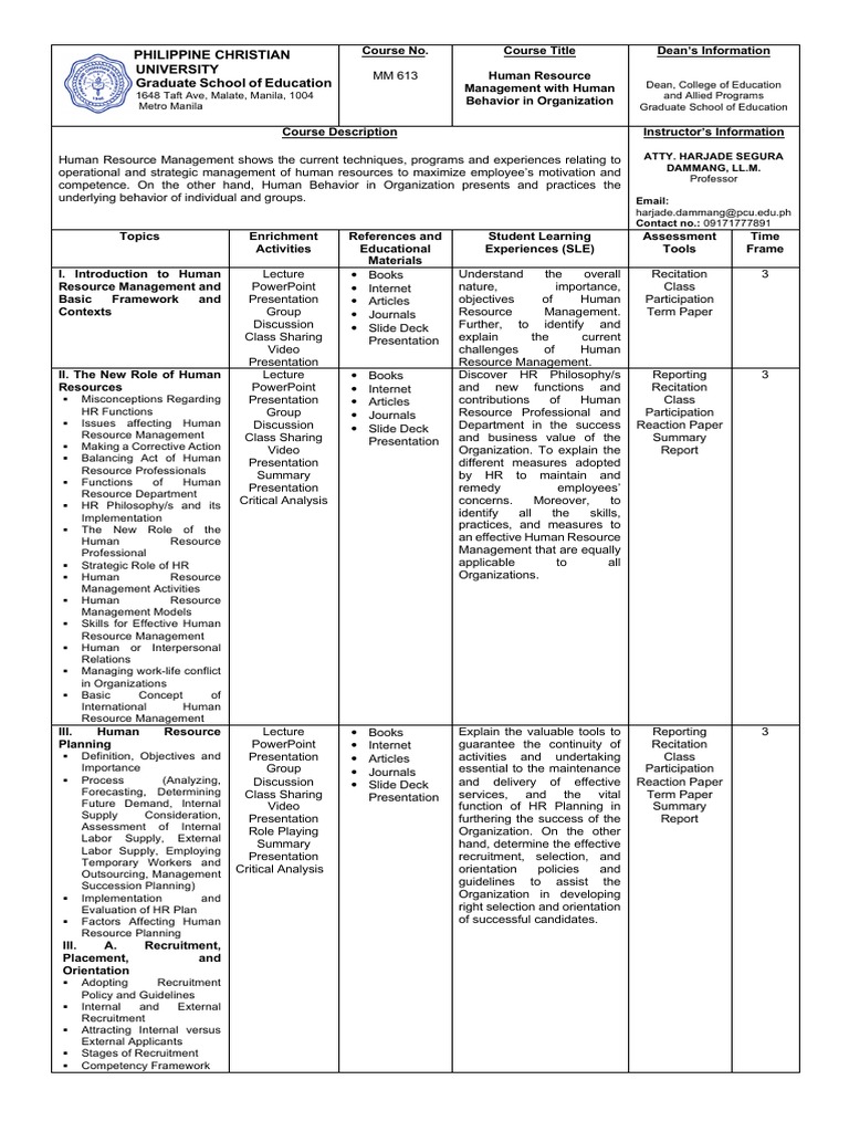 Introduction To Human Resource Management Course Syllabus | PDF ...