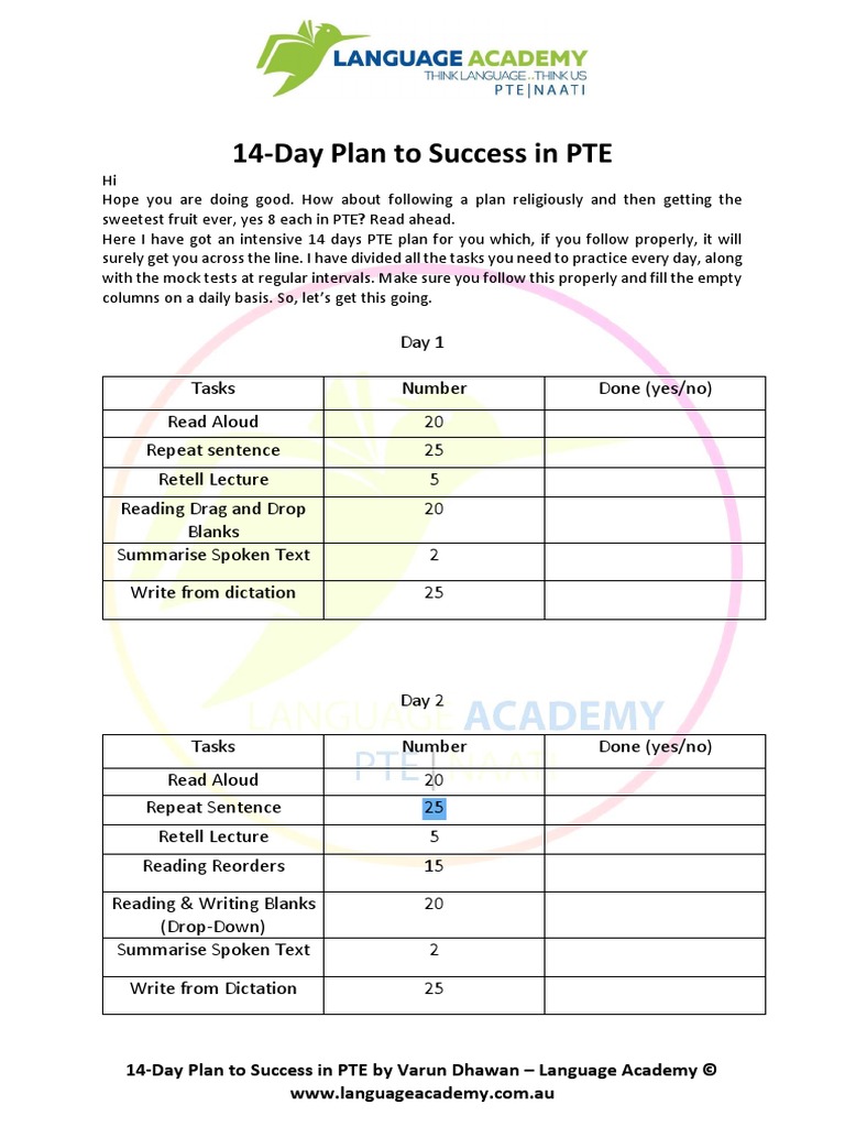 LA 14 Day Plan To Success in PTE by Varun Dhawan | Download Free PDF ...
