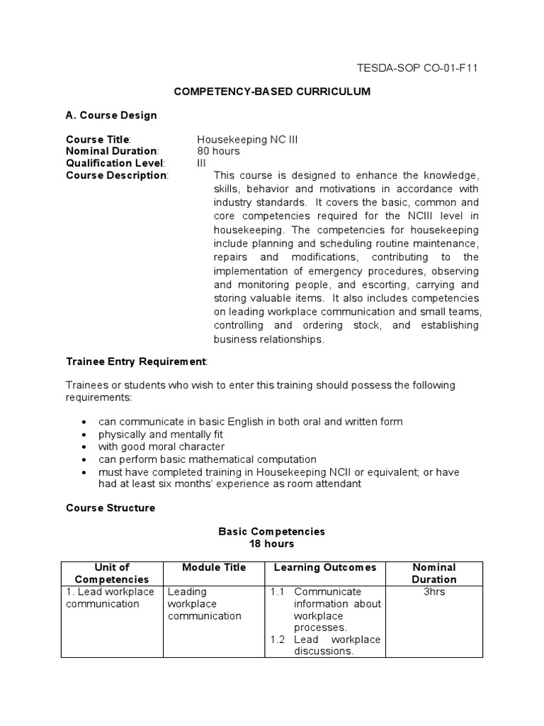 Housekeeping NC III Course Overview | PDF | Methodology | Negotiation