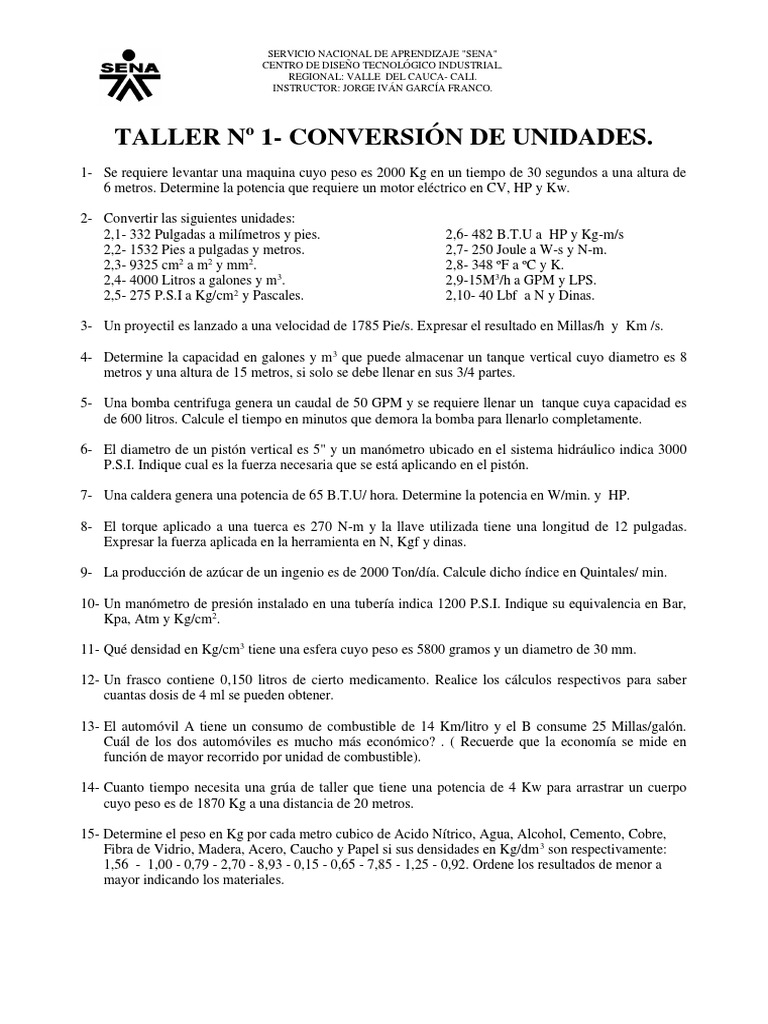 Taller de Conversiones de Unidades. N0 1 (106029) | PDF | Caballo de fuerza | Metrología