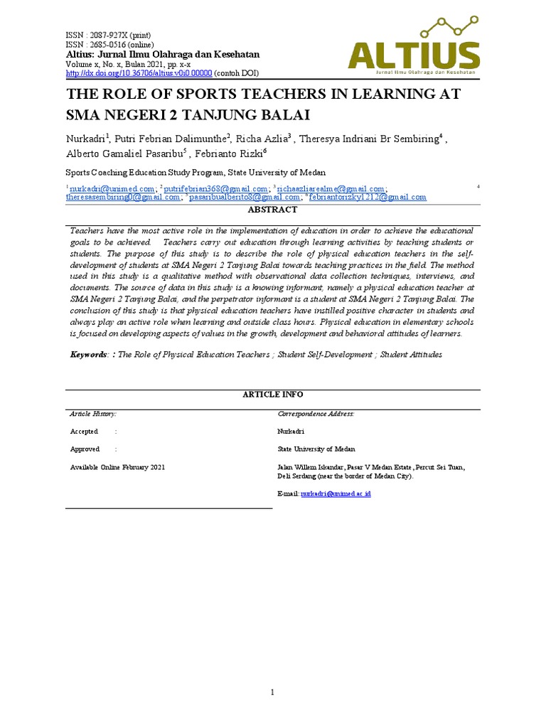 The Role of Sports Teachers in Learning at Sma Negeri 2 Tanjung Balai ...