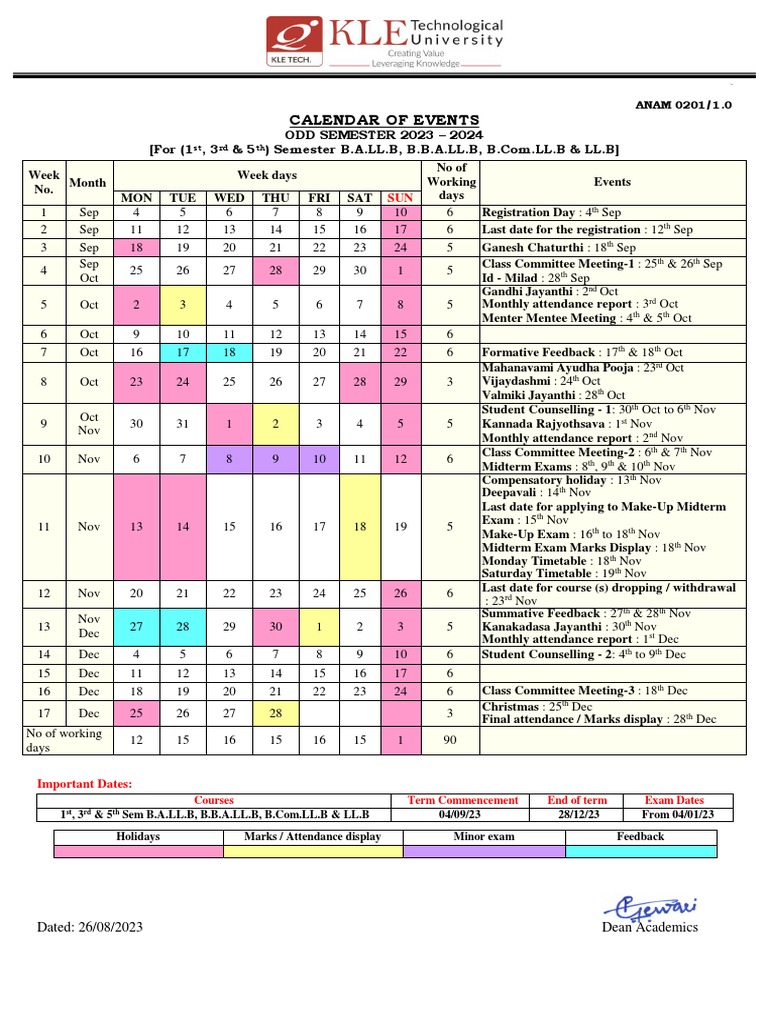 Academic Calendar For Odd Sem 2023 | PDF