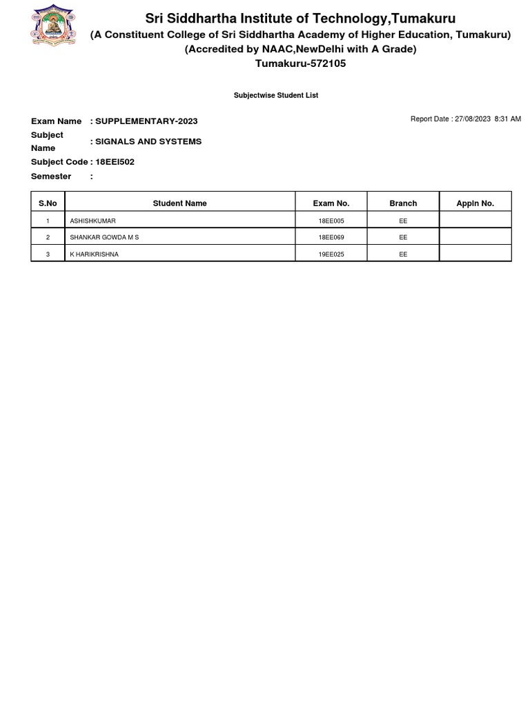 Supplementary 2023 Student List: Signals and Systems | PDF