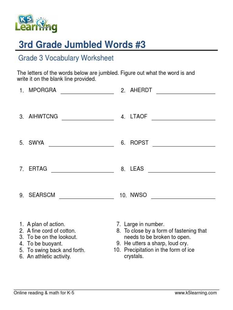 3rd Grade Jumbled Words Worksheet | PDF
