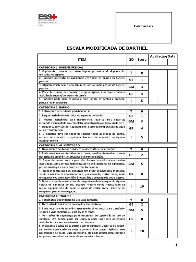 Escala Modificada de Barthel: Avaliação Funcional | PDF