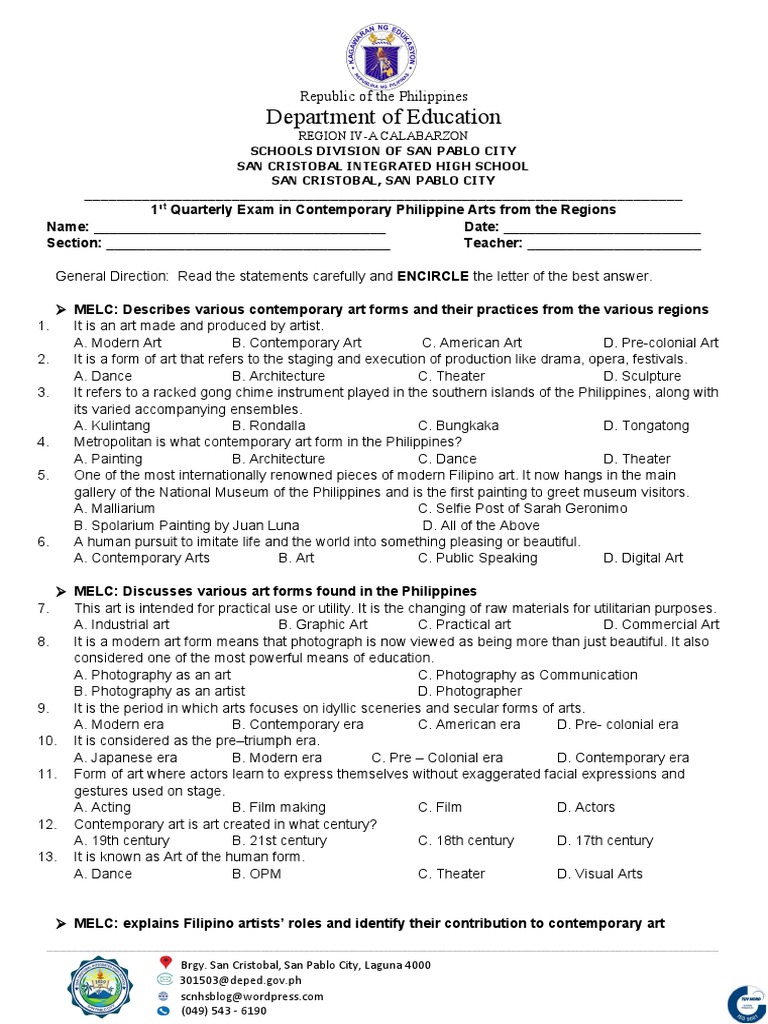 2nd Sem 1st Periodical Exam CPAR 2022-2023 | PDF | Philippines | The Arts