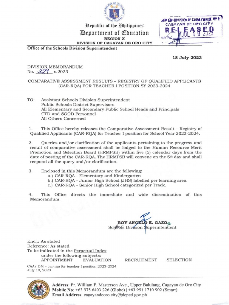 23 - RQA 2023-2024 For Teacher I Position SY2023-2024 | PDF