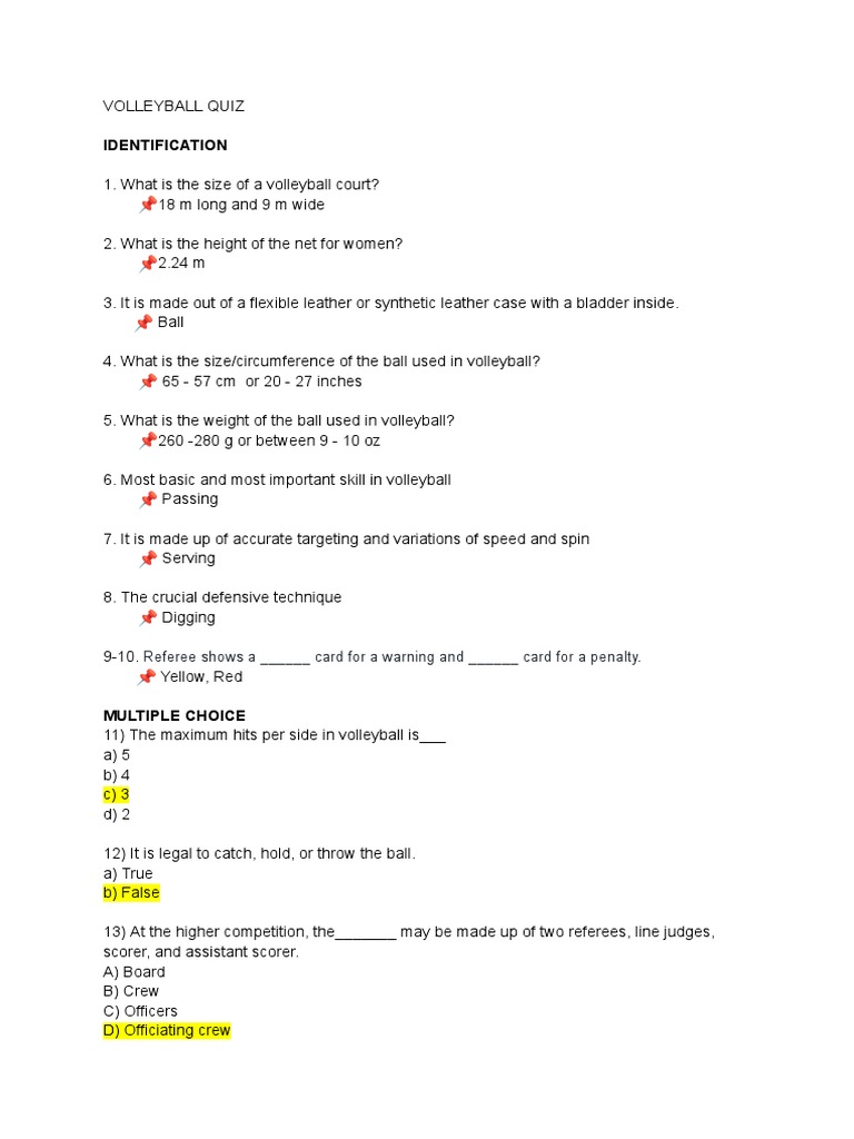 Volleyball Quiz | PDF | Volleyball | Sports Rules And Regulations