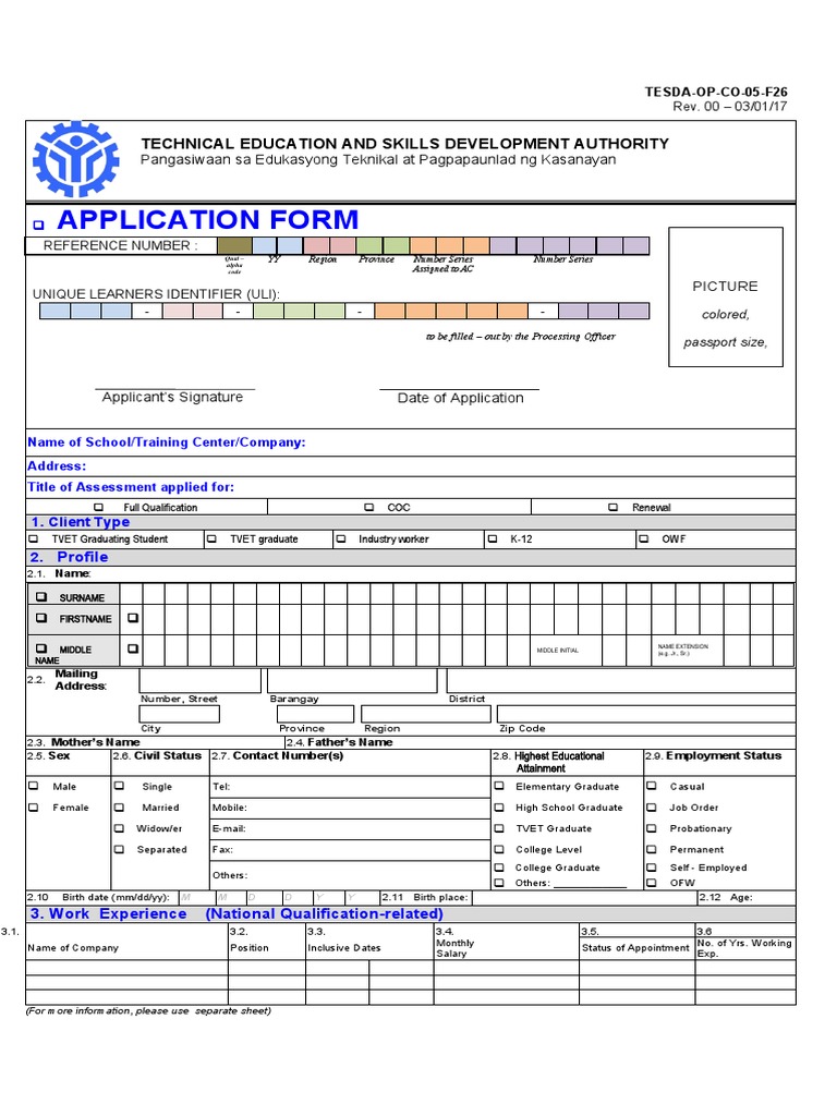 TESDA Self-Assessment Application Form | PDF | Packaging And Labeling ...