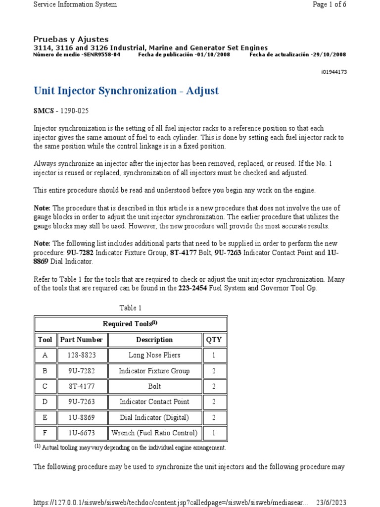 Unit Injector Synchronization - Adjust: 3114, 3116 and 3126 Industrial, Marine and Generator Set ...