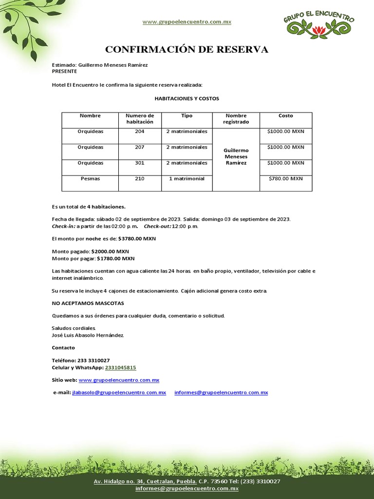 Confirmacion de Reserva | PDF
